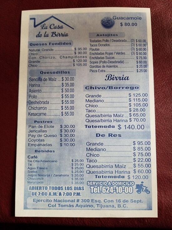 Menu at La Casa Del Árbol restaurant, Tijuana, C. 16 de Septiembre 2016