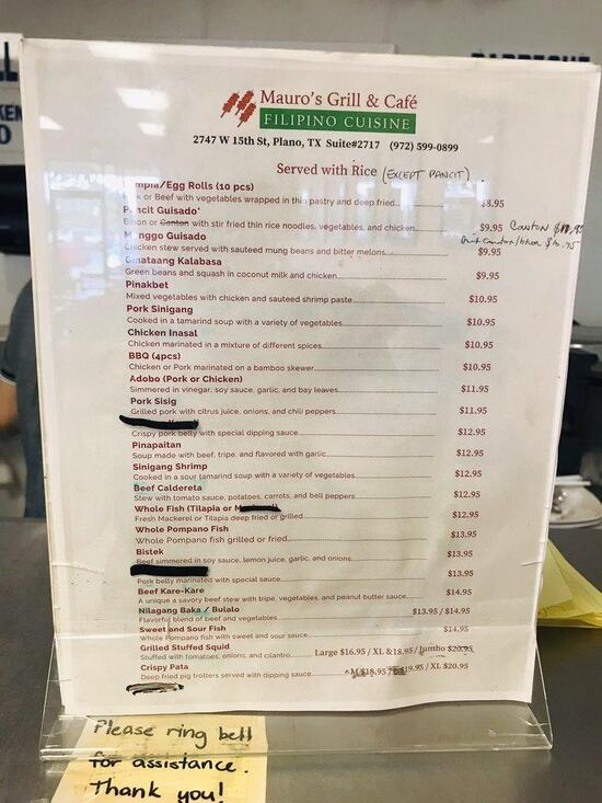 Menu at Mauro's Grill and Café - Filipino Cuisine restaurant, Plano