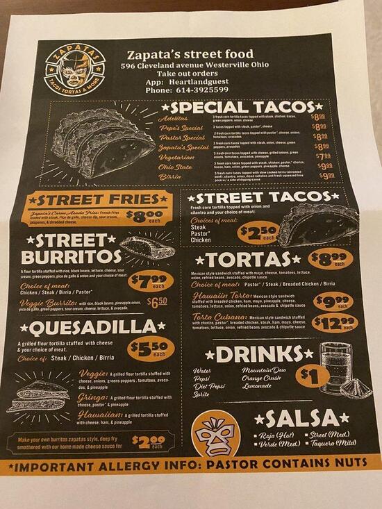 Menu at Zapata’s restaurant, Westerville