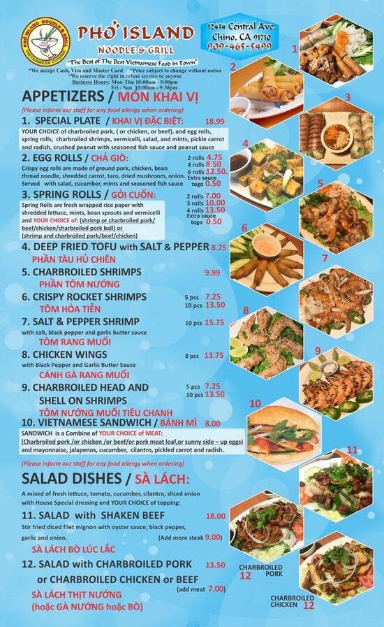Menu at Pho Island restaurant, Chino, Central Ave