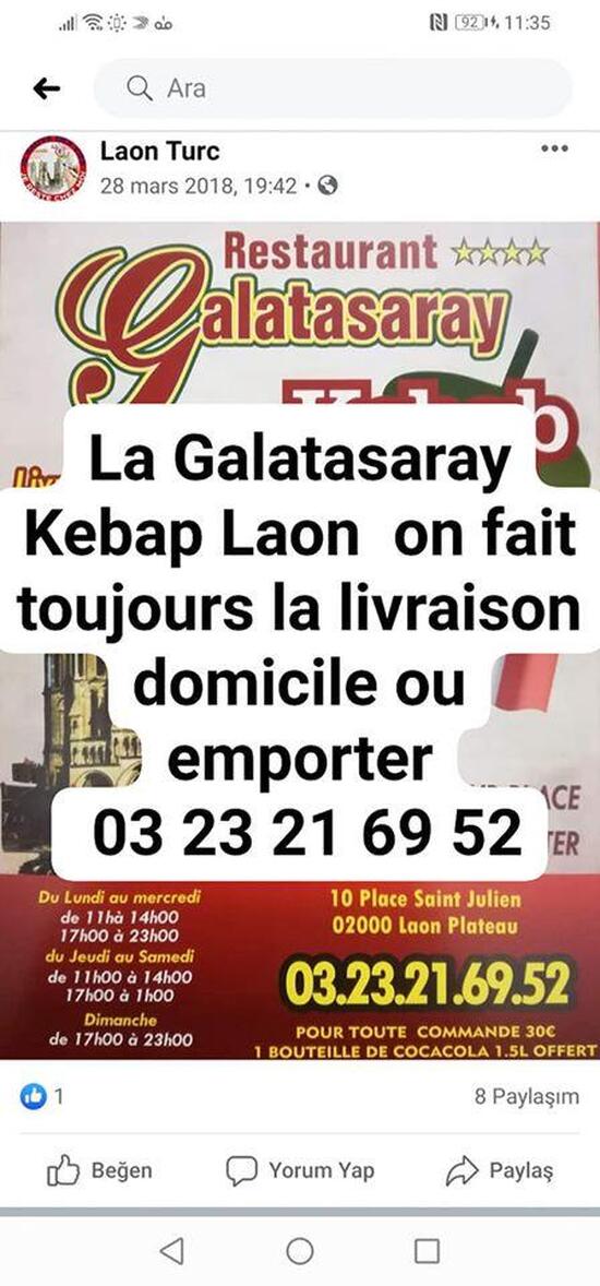 Menu at Galatasaray fast food, Laon