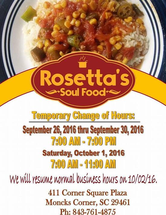 Menu at Rosetta's Soul Food restaurant, Moncks Corner