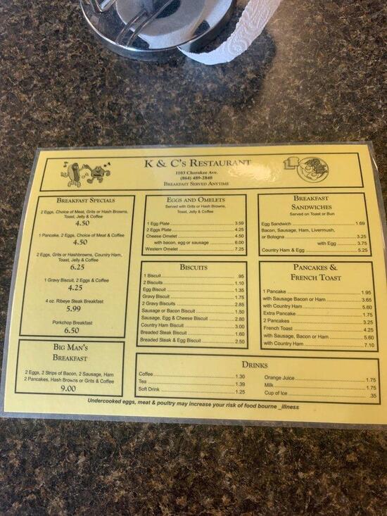 Menu at K & C Restaurant, Gaffney