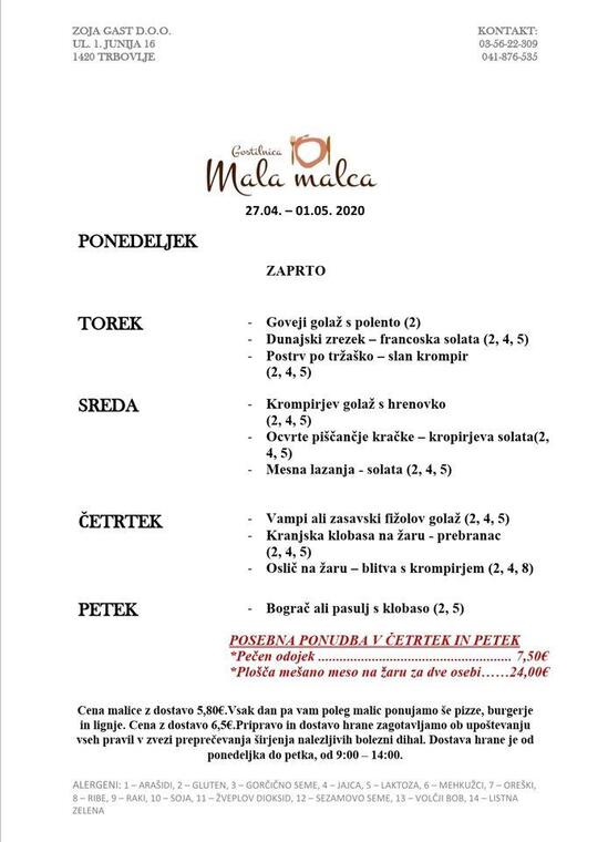 Menu at Gostilnica mala malca restaurant, Trbovlje