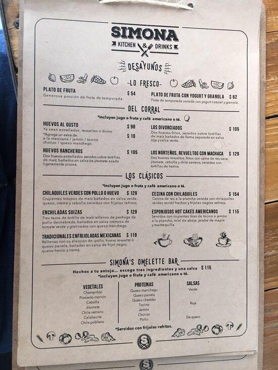 Carta del pub y bar Simona Kitchen & Drinks, Mexico