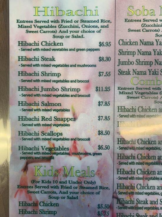 Menu at U.S Hibachi restaurant, King