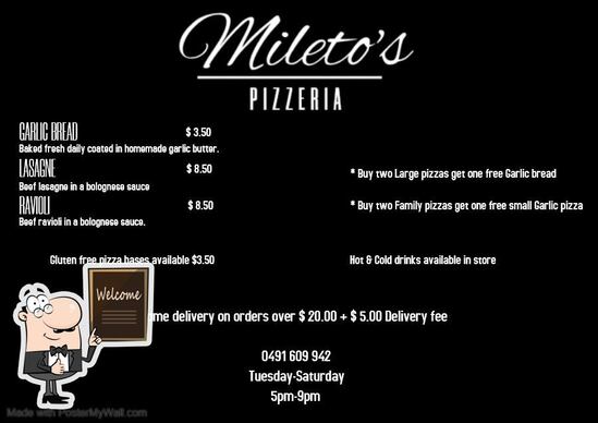 Menu at Mileto's Pizza pizzeria, Korumburra